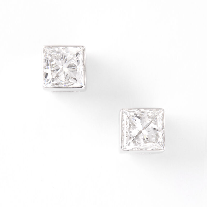 Invisible Bezel Solitaire Princess Cut Diamond Studs, 14K White Gold