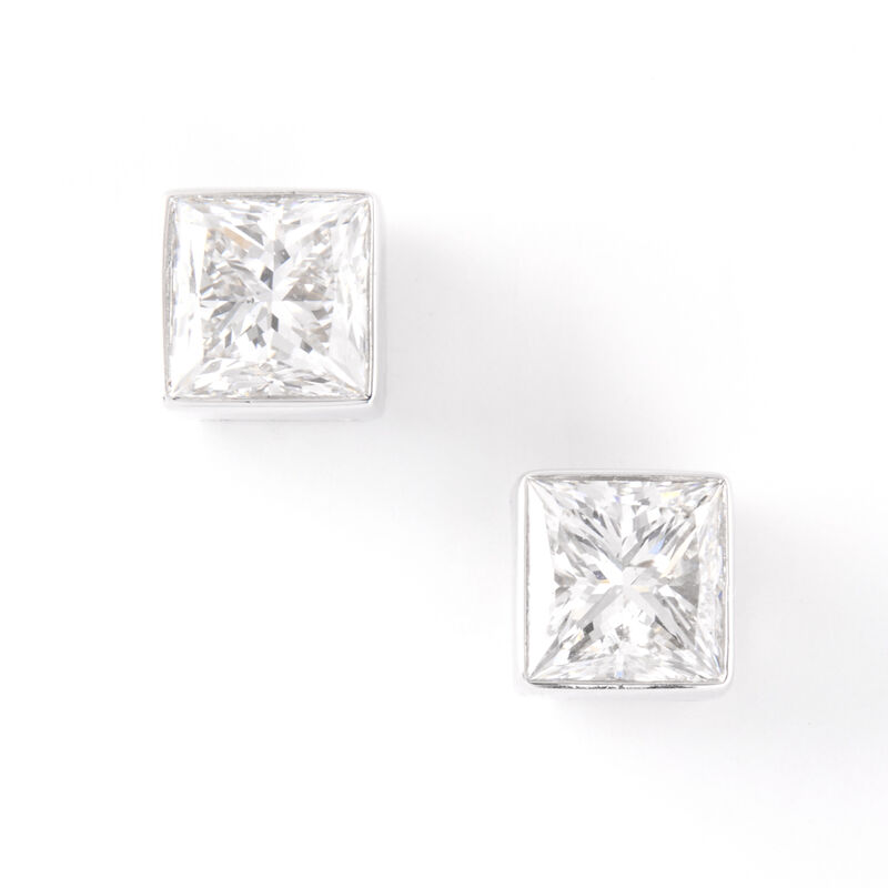 Invisible Bezel Solitaire Princess Cut Diamond Studs, 14K White Gold