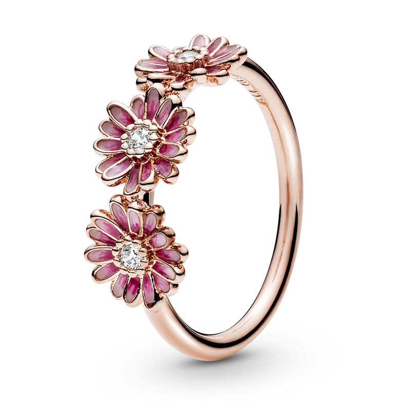 Pandora Pink Daisy Flower Trio Enamel & CZ Ring