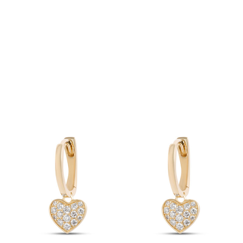 Pave Heart Hoops, 14K Yellow Gold