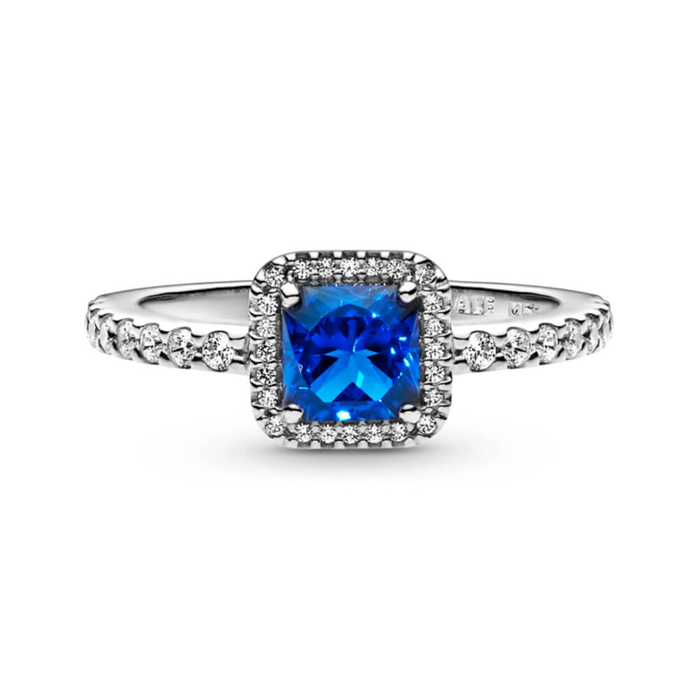 Pandora Square Sparkle Halo CZ & Blue Crystal Ring - 198863C02 | Ben ...